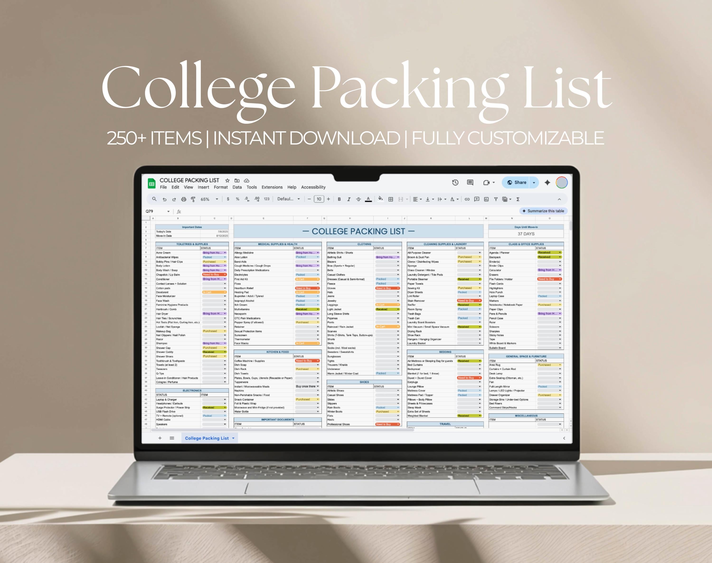 College Dorm Checklist Template, First Year Packing List, University ...