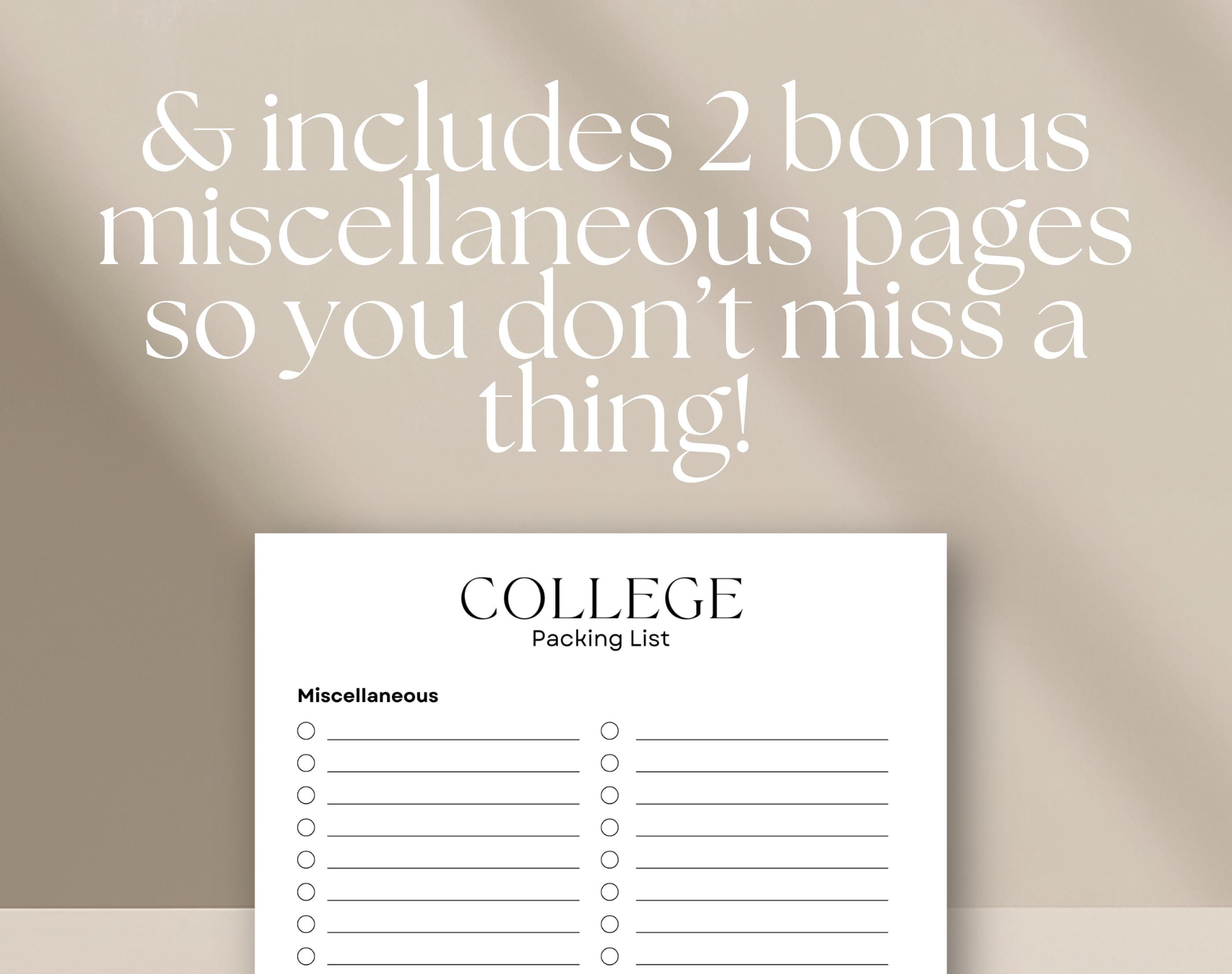 Printable College Dorm Checklist Template, First Year Packing List ...