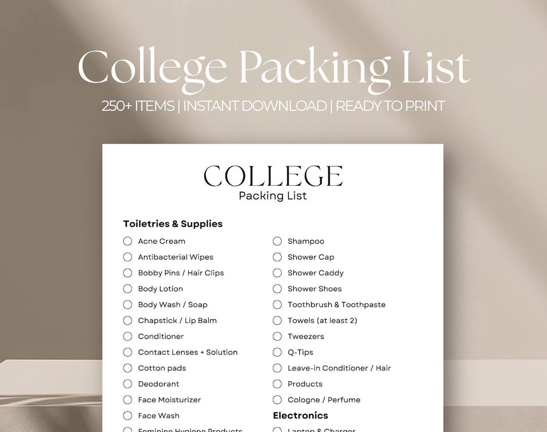 Printable College Dorm Checklist Template, First Year Packing List ...