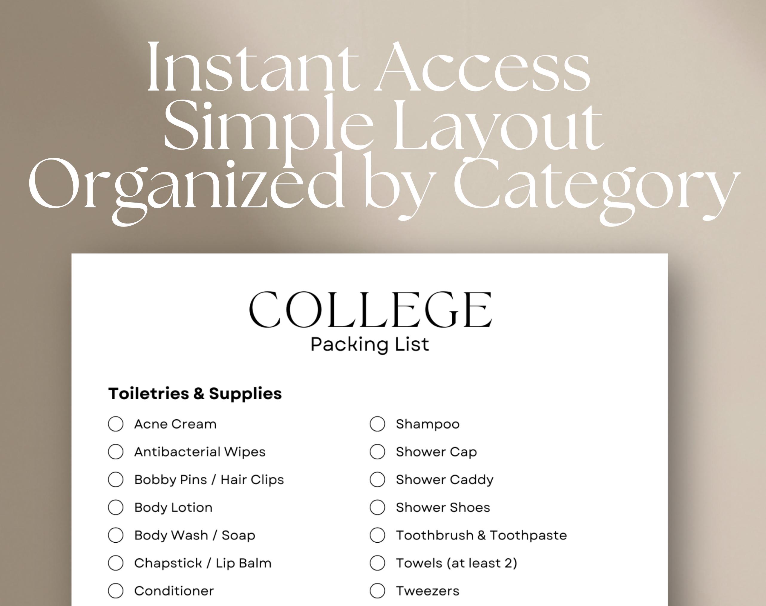 Printable College Dorm Checklist Template, First Year Packing List ...