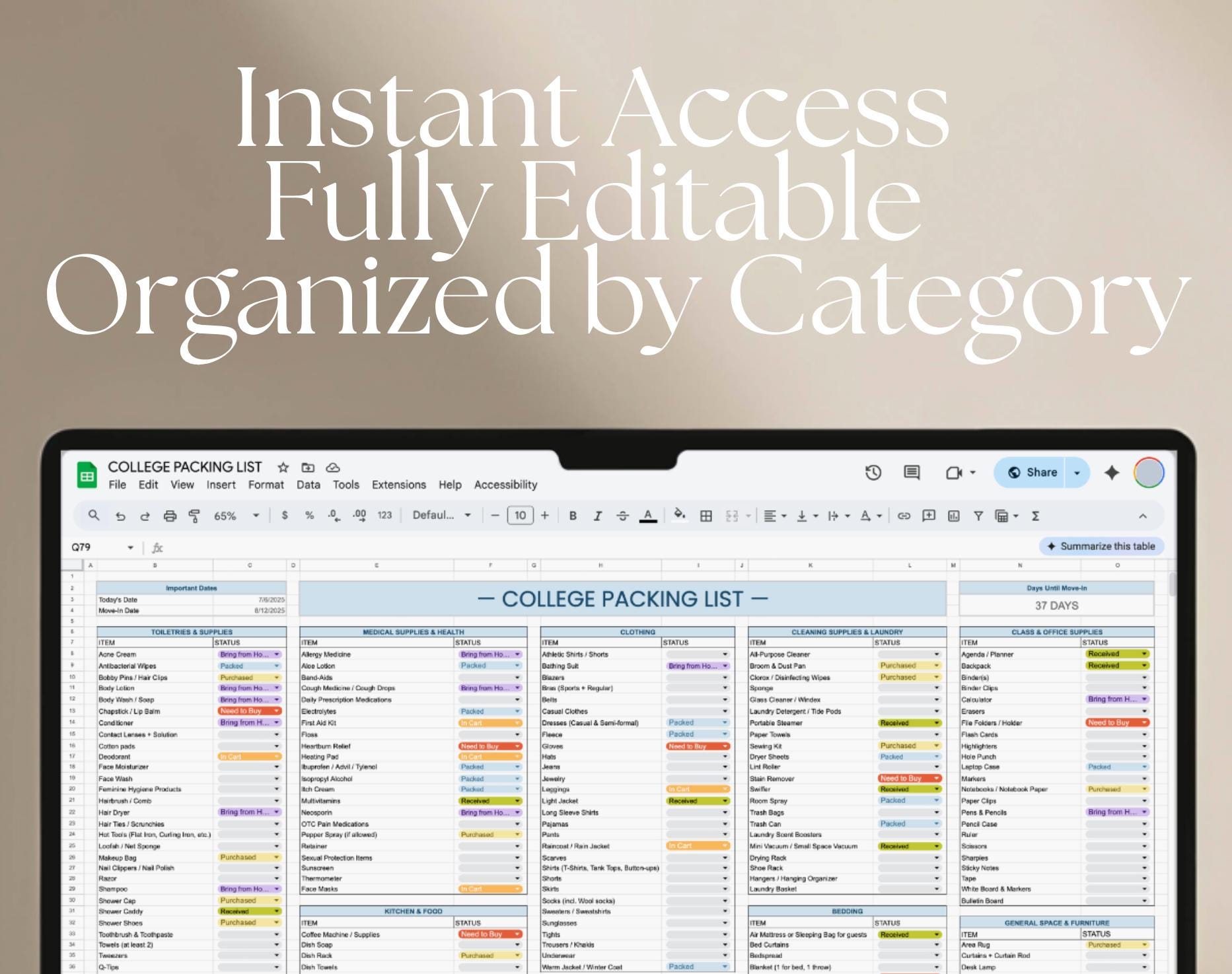 College Dorm Checklist Template, First Year Packing List, University ...