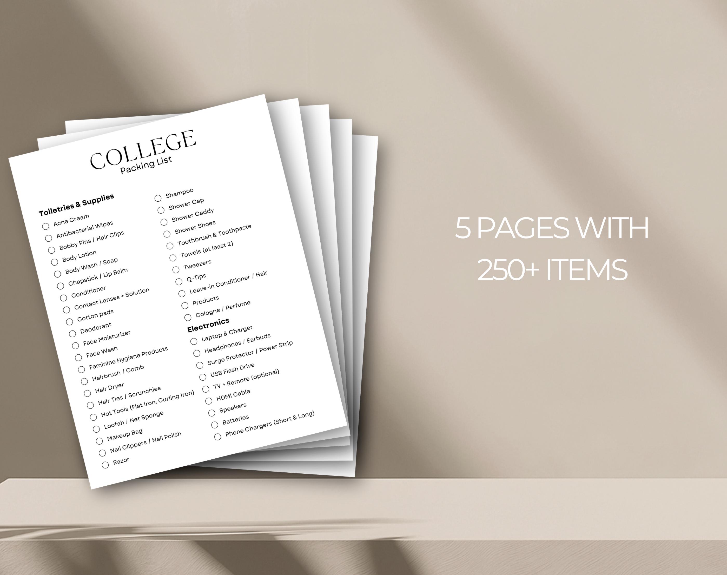 Printable College Dorm Checklist Template, First Year Packing List ...