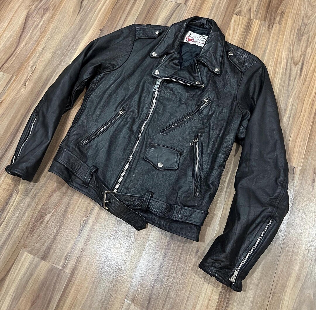 S/M (40) Vintage 70s Sears Leather Shop Black Motorcycle Biker Jacket Punk Zip up USA Made ...