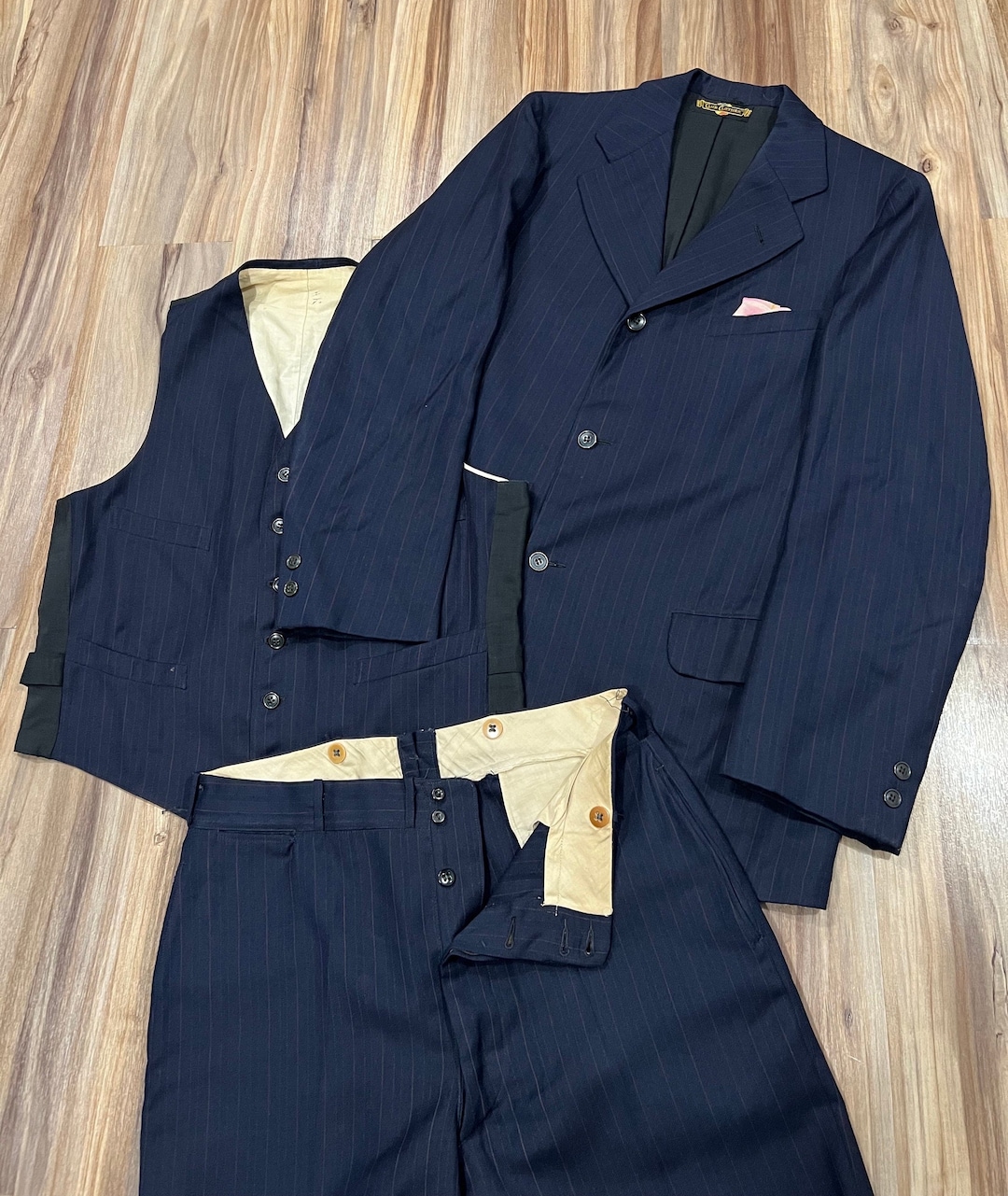 Vintage 20s 30s Blue Wool Button Fly Single Breasted 3- Piece Men’s ...