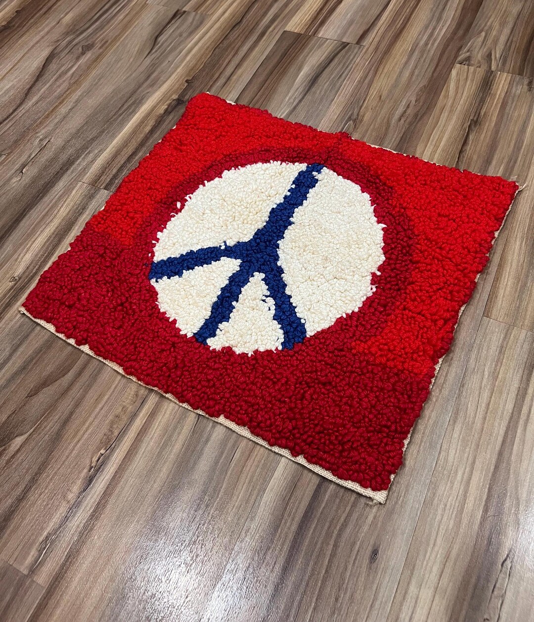 Small Vintage 60s 70s Hook Latch Hippie Peace Sign Rug Handmade Woven ...