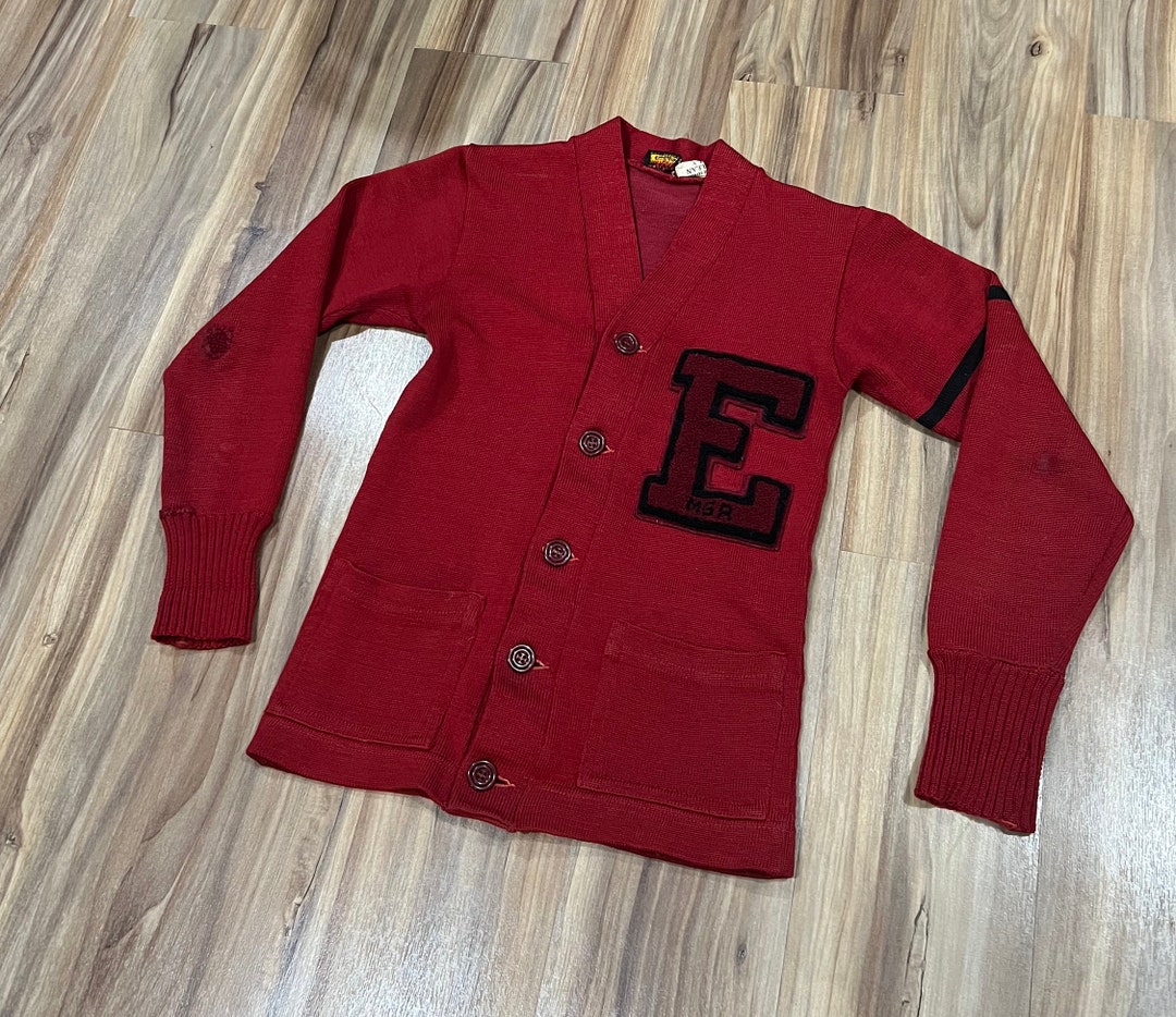 XS Vintage 40s Repaired Wool Varsity Cardigan Sweater Dark Red Button ...