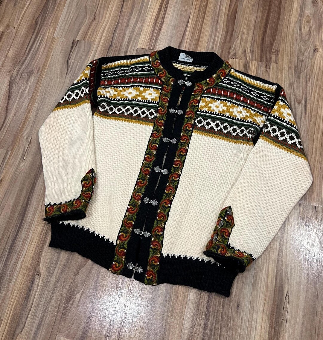 Medium Vintage 70s Traditional Norwegian Sweater Wool W/ Clasps Green ...
