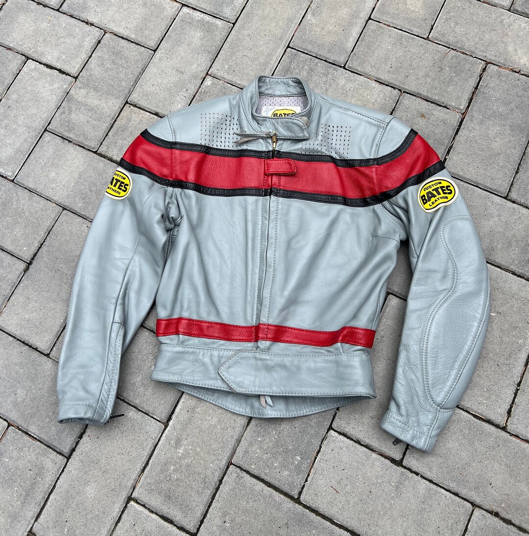 XXS Vintage BATES Leather Motorcycle Racing Jacket Grey/ Red Custom USA ...
