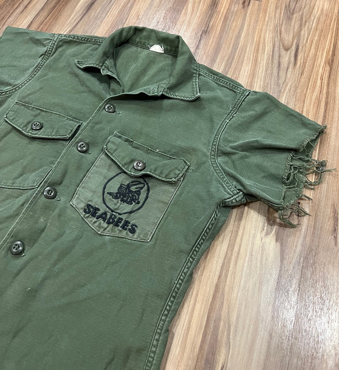 Medium Vintage 70s US Military Sea Bees Button up Fatigue Cut-off OG ...