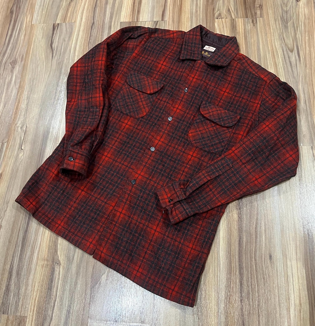 Large Vintage 50s Wool Plaid Checkered Red Button up Board Loop Collar ...