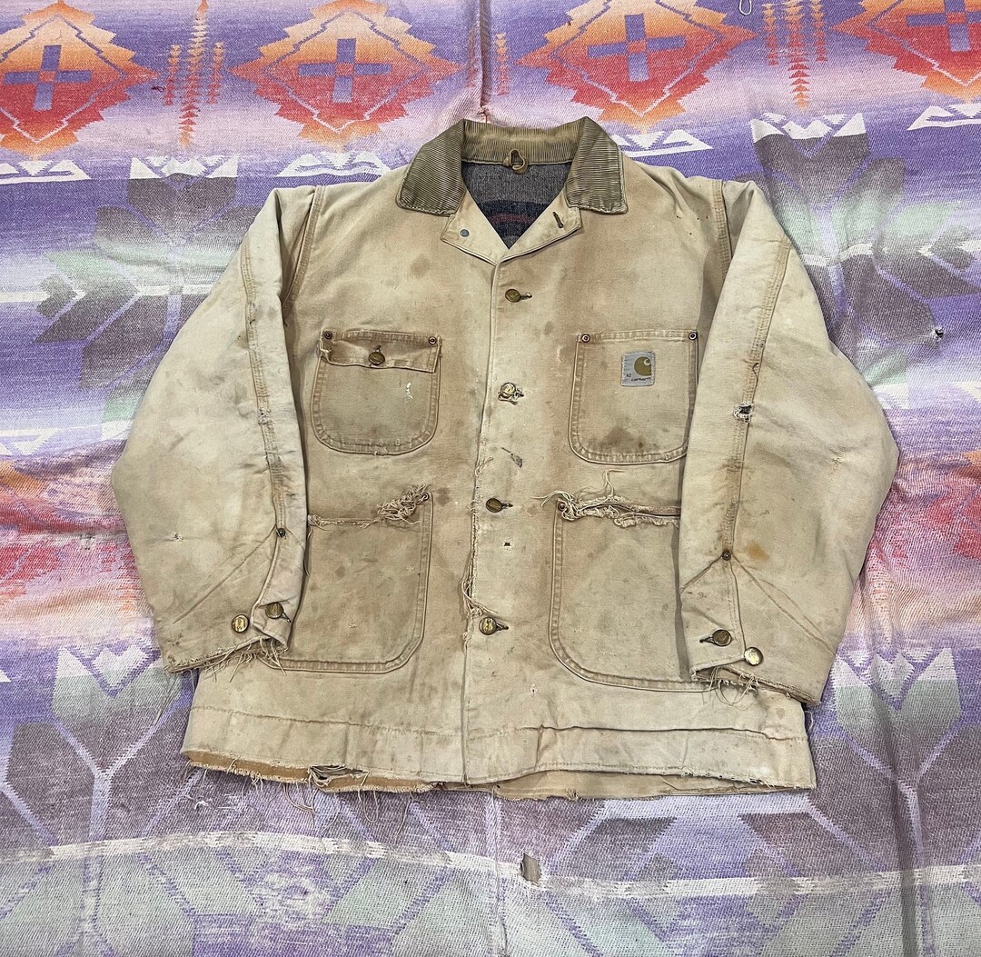 Large Vintage 70s Carhartt Chore Coat Jacket Duck Distressed Canvas Beige Blanket Lined USA Made ...