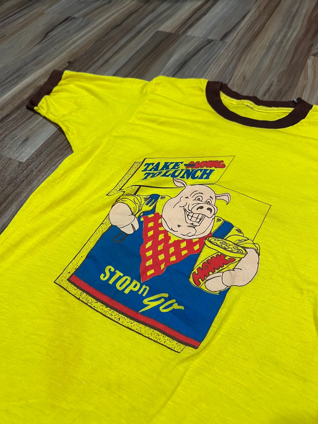 Small Vintage 80s Hawg Fat Pig Yellow/ Brown Graphic Ringer T Shirt USA ...