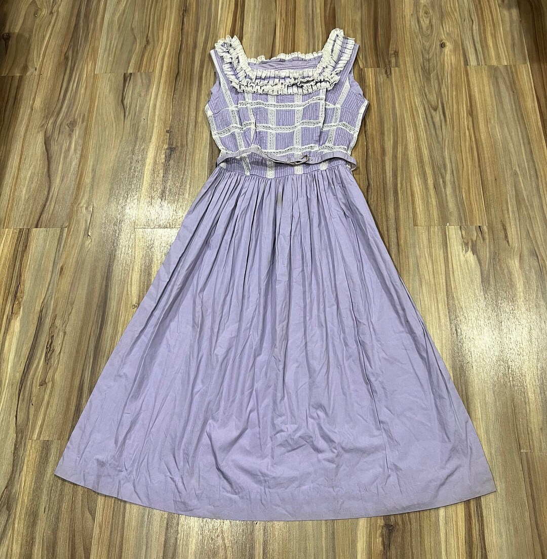Vintage 40s Belted Purple/ White Cotton Side Zip Dress USA - Etsy