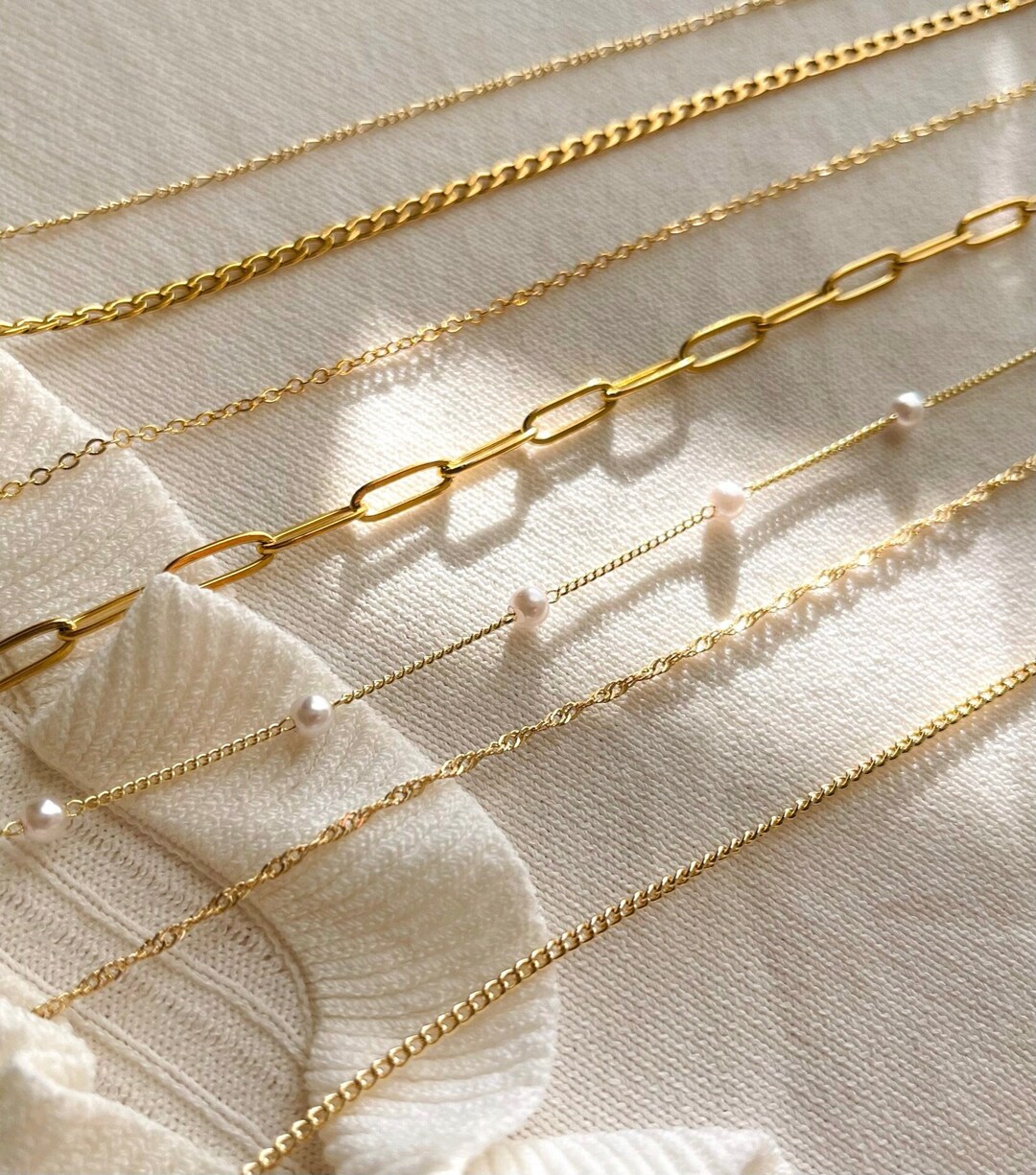 Gold Filled Chain Necklace, Paperclip Chain, Curb Chain, Pearl Bead ...