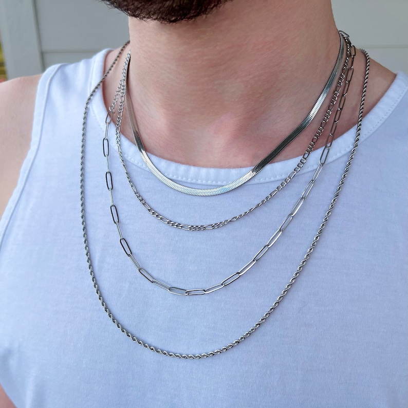 SILVER Chain Necklace for Men Stainless Steel Chain Layered - Etsy