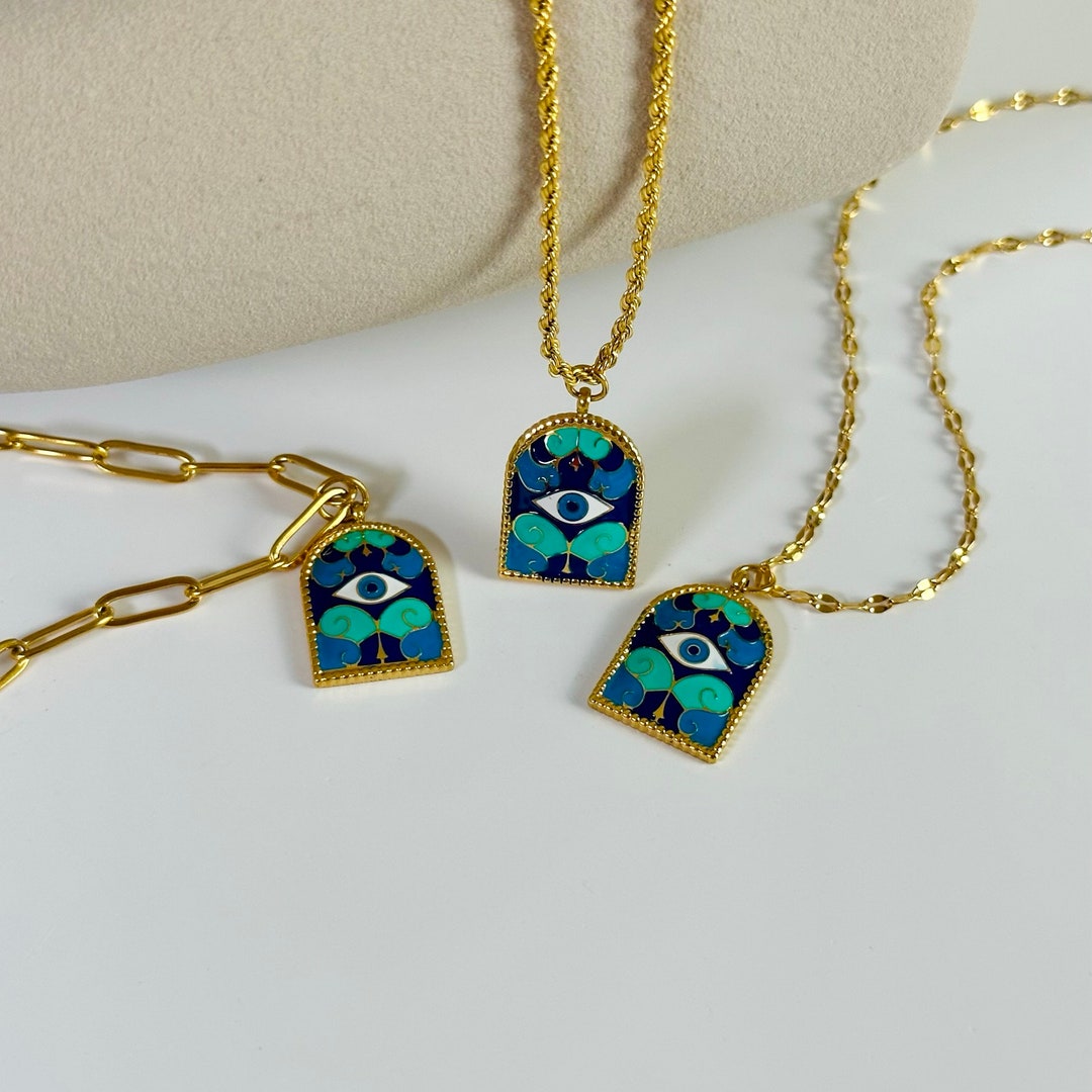 GOLD Devil Eye Pendant Necklace Best Friend Gift Ancient Roman Blue ...