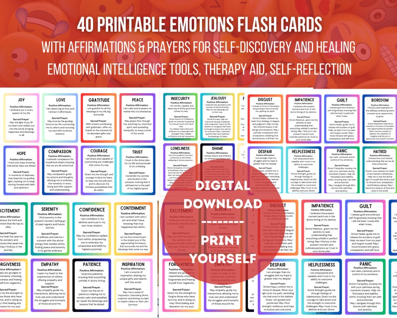 Emotions Flashcards: 40 Printable Cards With Affirmations & Prayers for ...