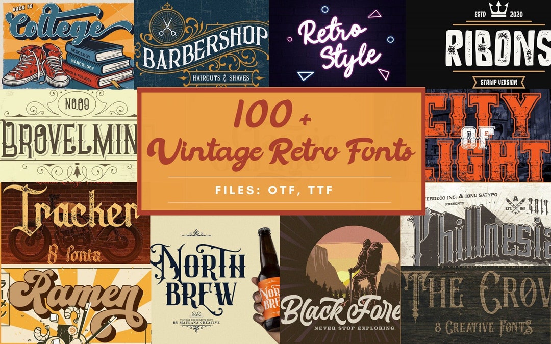 100 Vintage Retro Font Bundle Vintage Canva Fonts Space Fonts Procreate ...