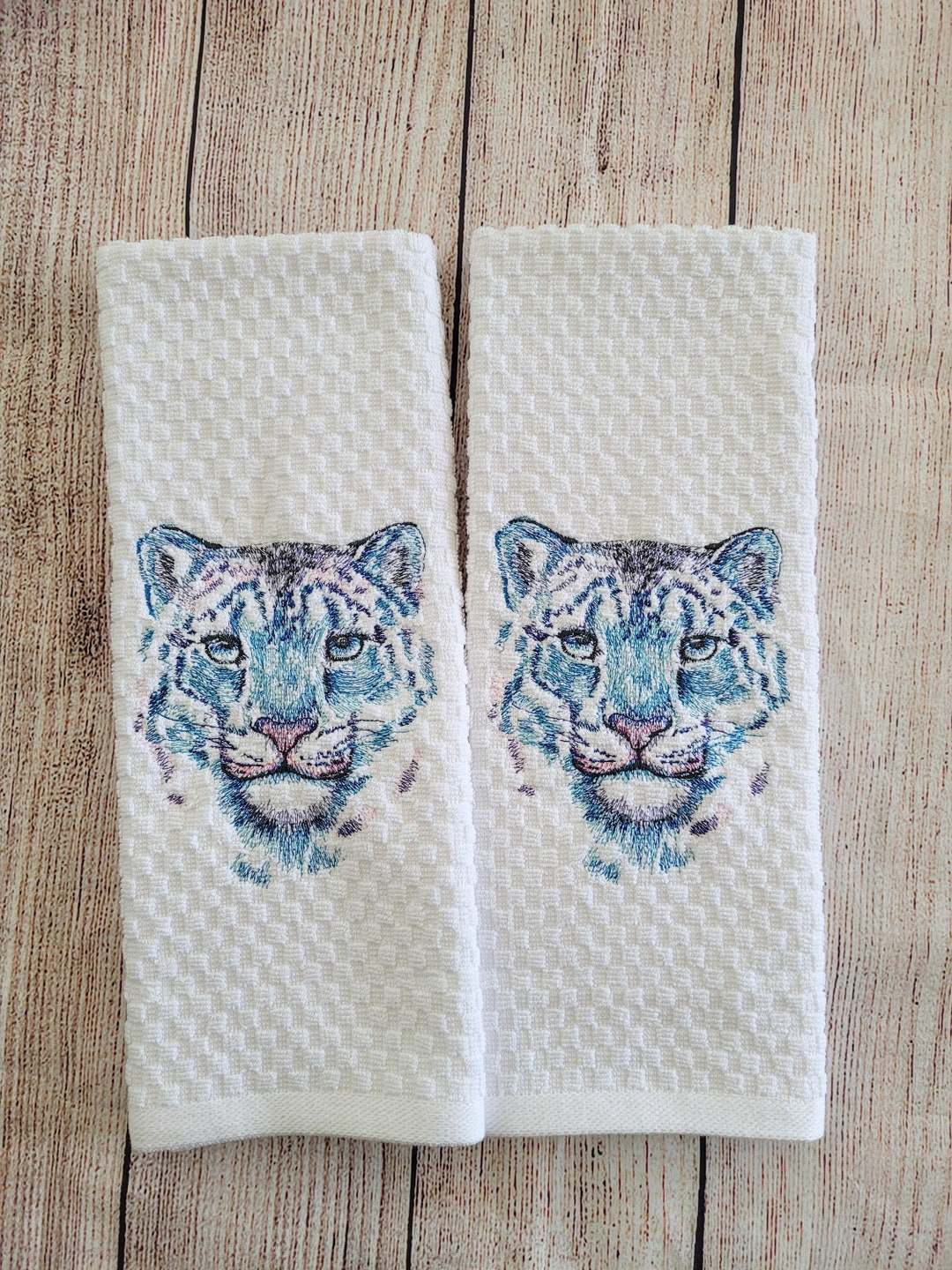 Embroidered Snow Leopard Dish Towel 2 Piece Set - Etsy