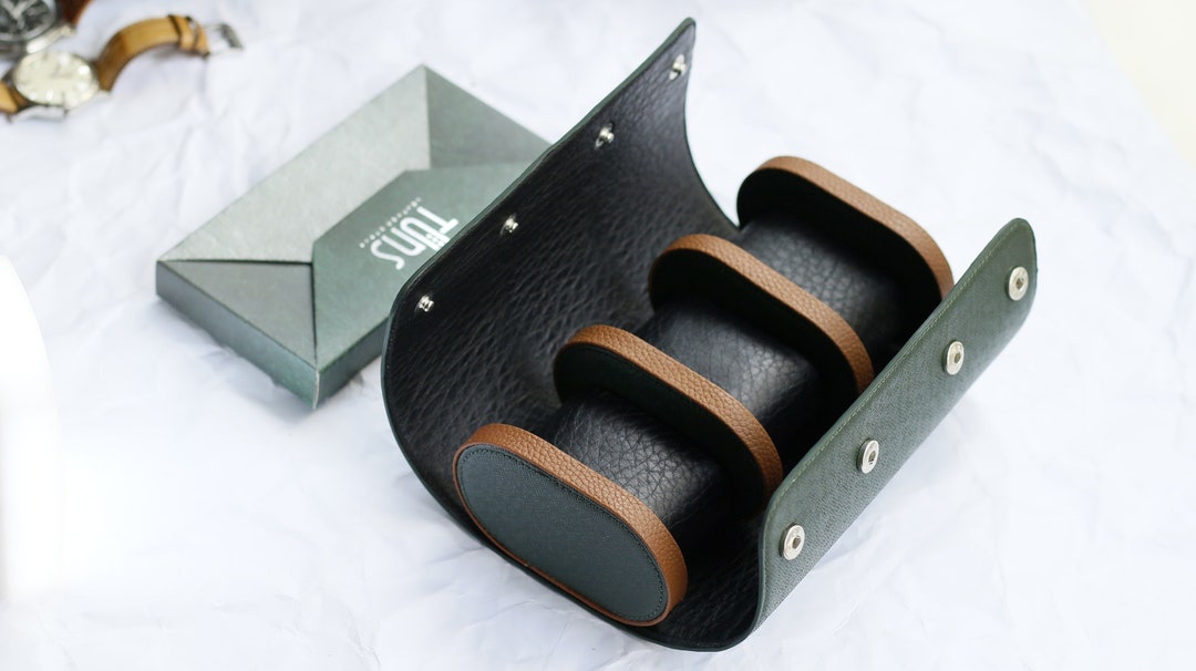 Handmade Personalized Taiga Green Leather Watch Roll Case Travel Watch ...