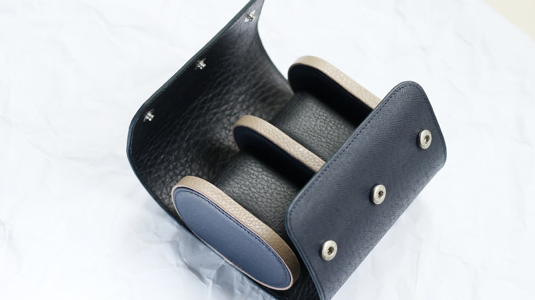 Handmade Taiga Navy Leather Watch Roll, Personalized Travel Watch Case ...