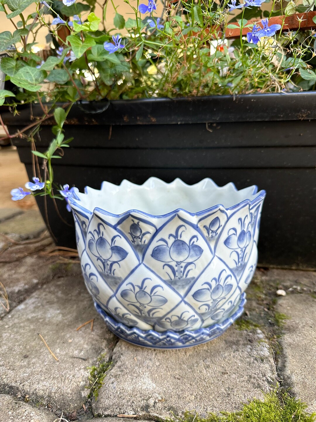 Vintage Blue & White Planter and Saucer - Etsy