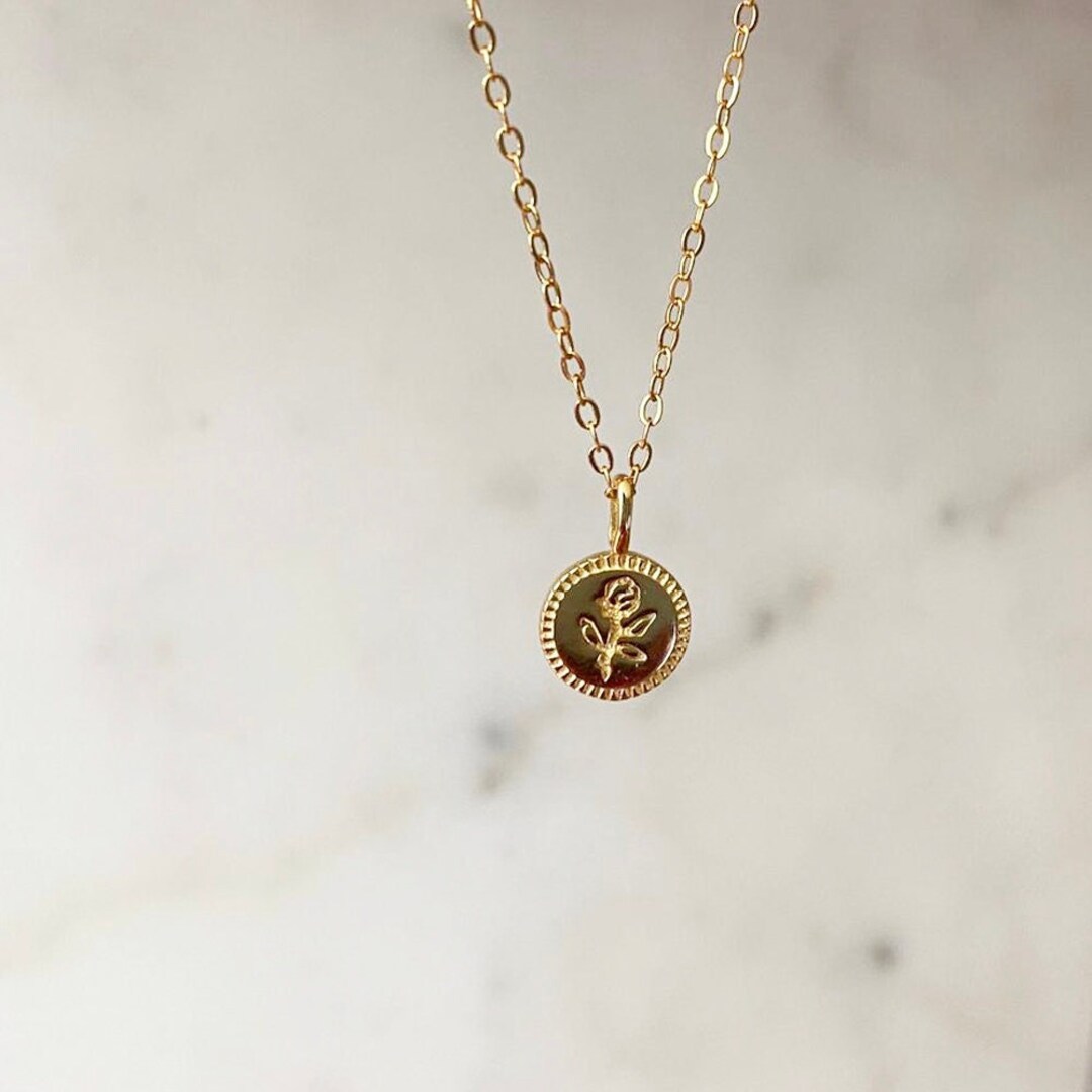 18K Gold Plated Tiny Rose Flower Mini Gold Disc Necklace - Etsy