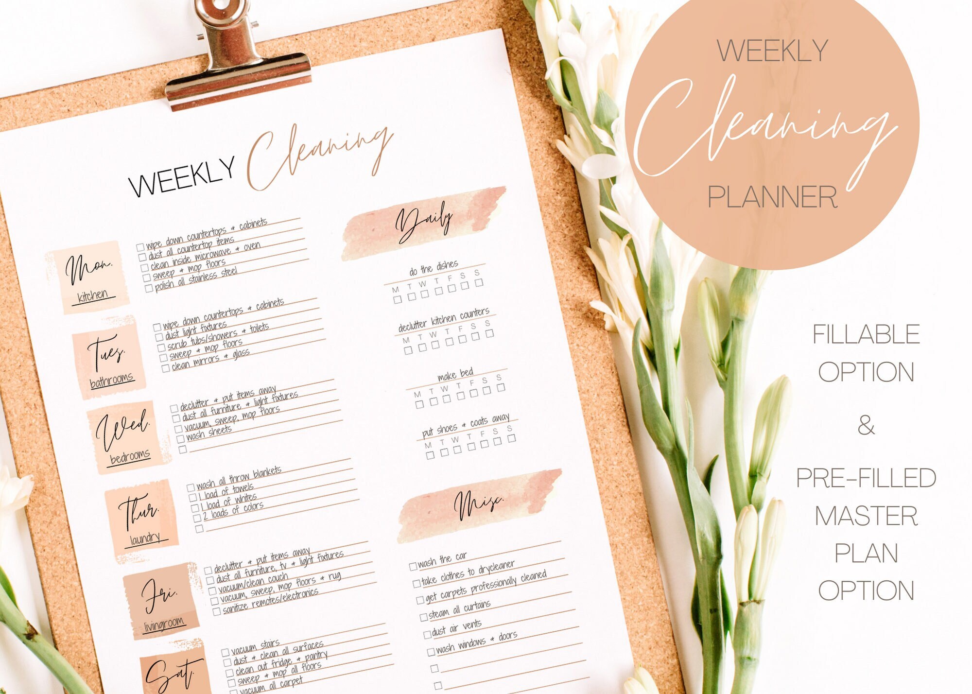 Fillable Weekly Cleaning Planner Templates | Printable Home Cleaning ...