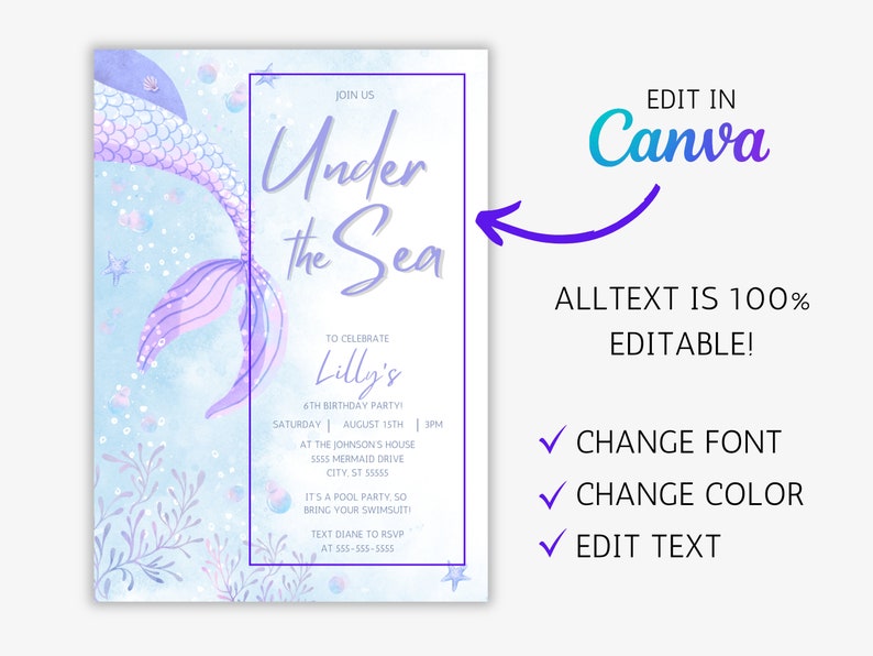 Editable Mermaid Birthday Invitation Template Customize in - Etsy