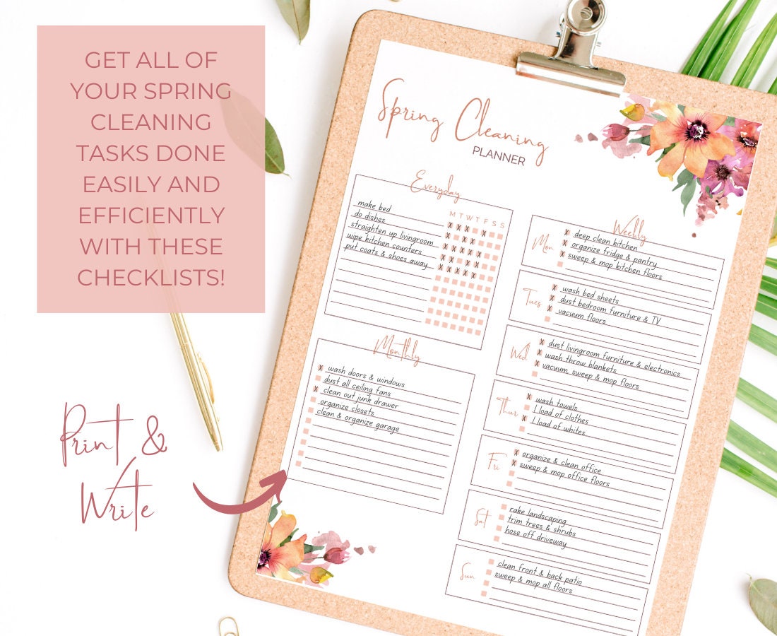 Printable Spring Cleaning Planner Bundle 5 Pages Fillable Calendar and ...