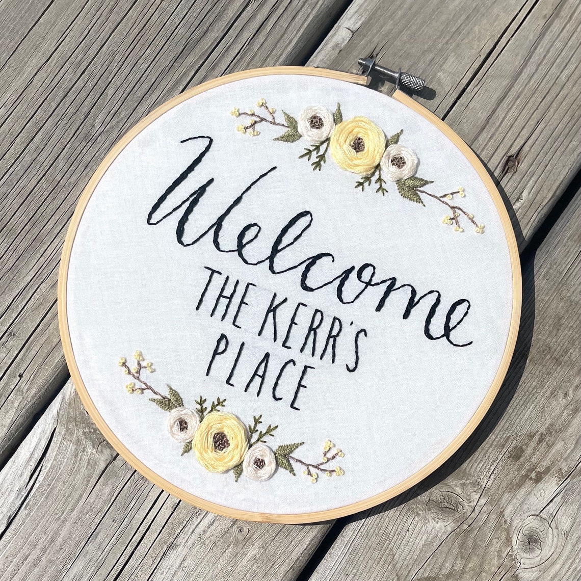 Custom Embroidered Welcome Sign - Floral Embroidery - Family Name ...