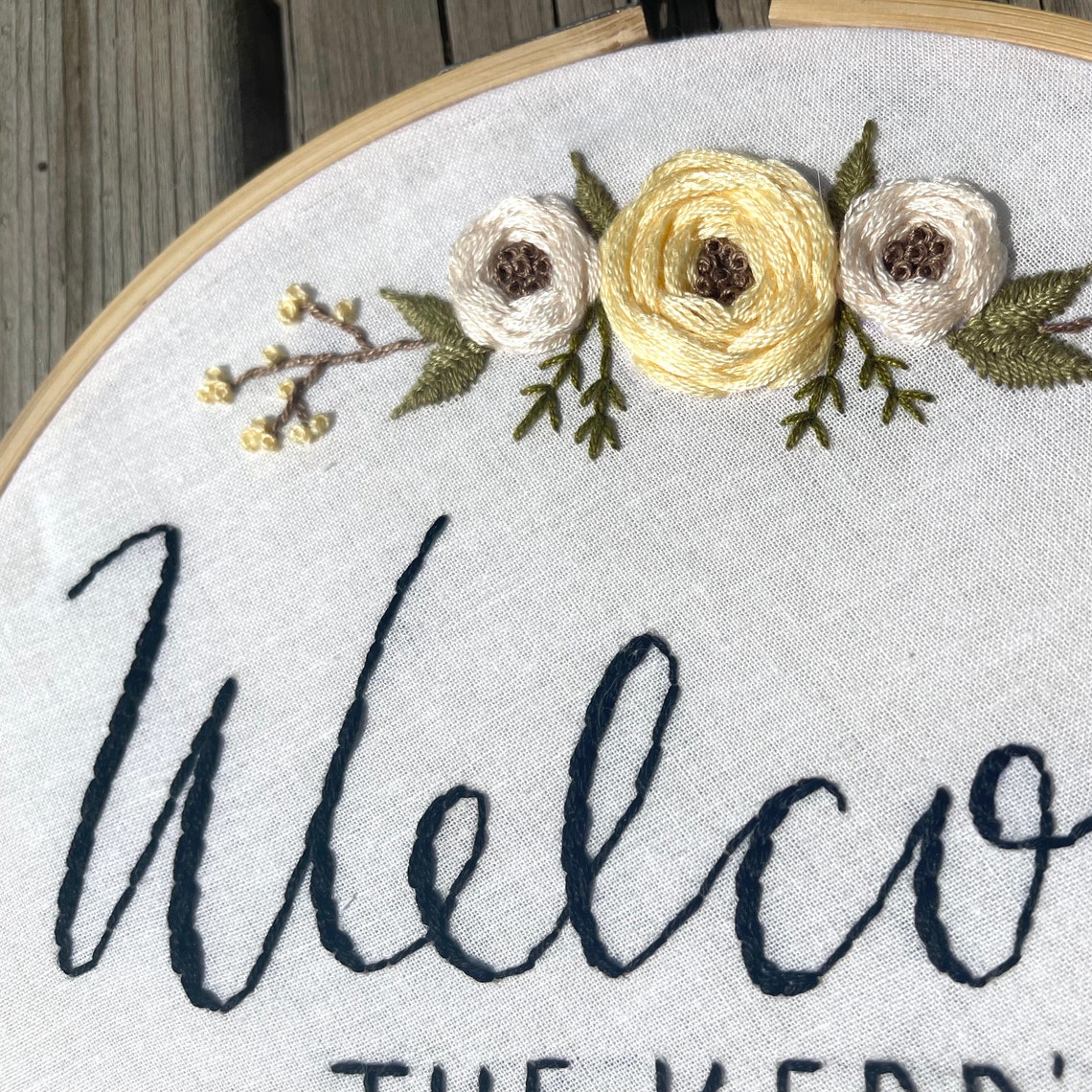Custom Embroidered Welcome Sign - Floral Embroidery - Family Name ...