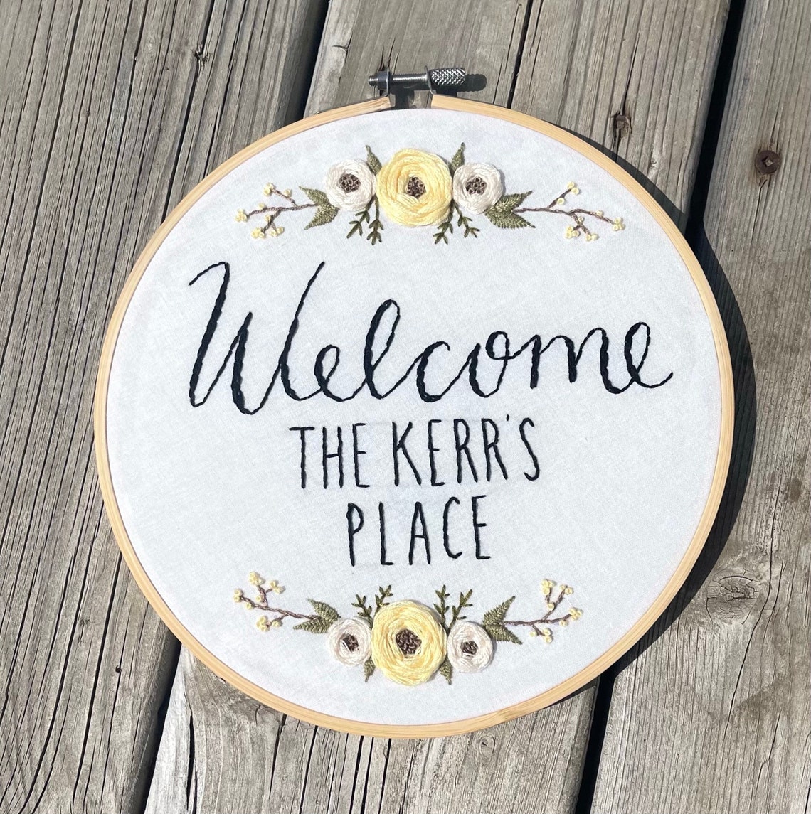 Custom Embroidered Welcome Sign - Floral Embroidery - Family Name ...