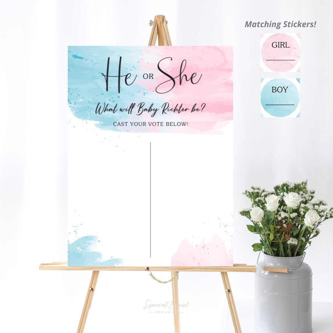 Gender Reveal Voting Poster, Matching Sticker Template, Watercolor ...