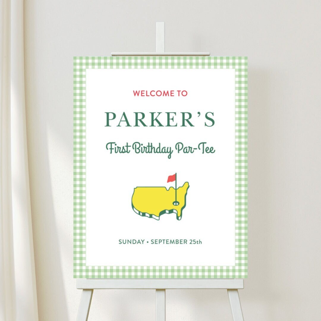 Masters Party Birthday Welcome Sign, Green Gingham, First Birthday ...