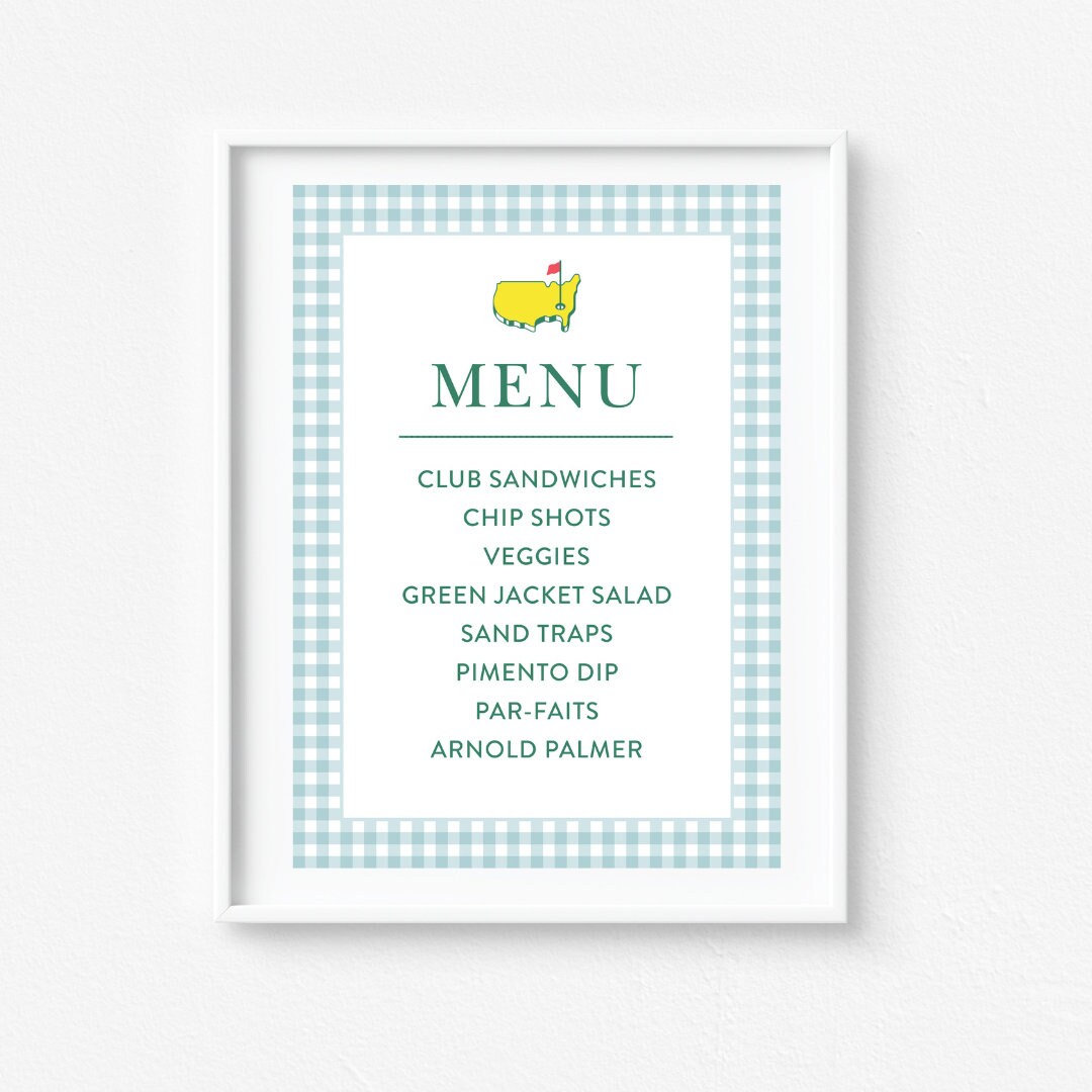 Golf Menu Sign, Table Sign, Blue Gingham, Mastered First Year, Masters ...
