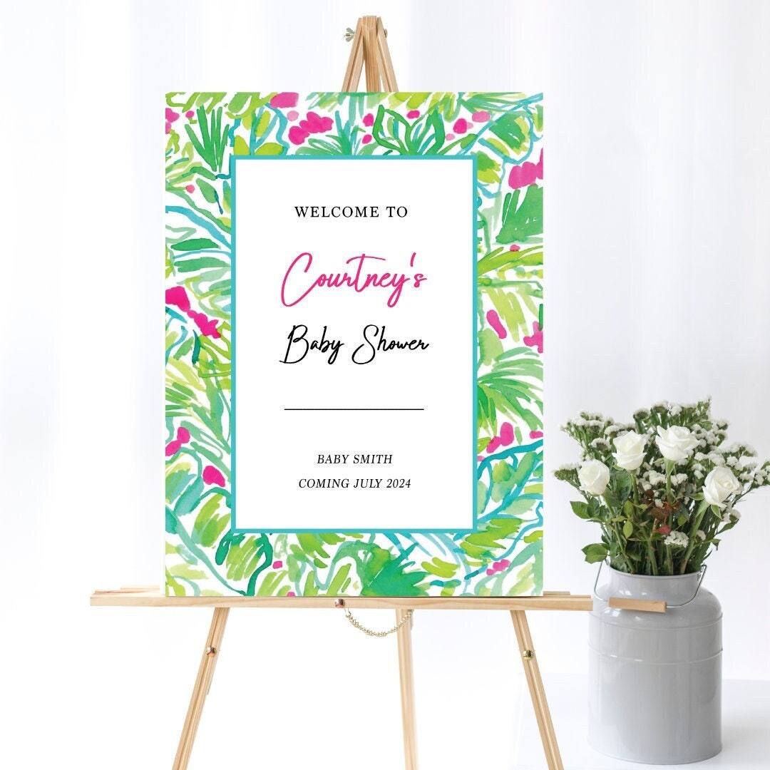 Tropical Green Baby Shower Welcome Sign, Preppy Shower, Tropical Floral ...
