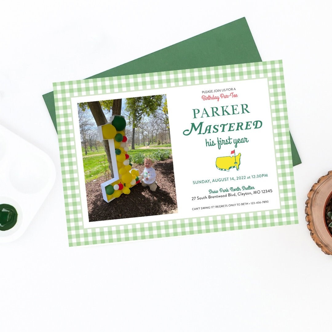 Masters Party Birthday Invitation With Picture, Green Gingham, First ...