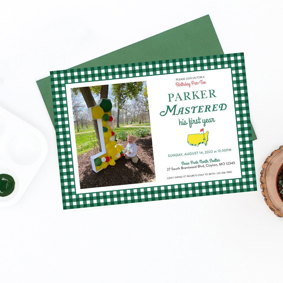 Masters Party Birthday Invitation With Picture, Dark Green Gingham ...