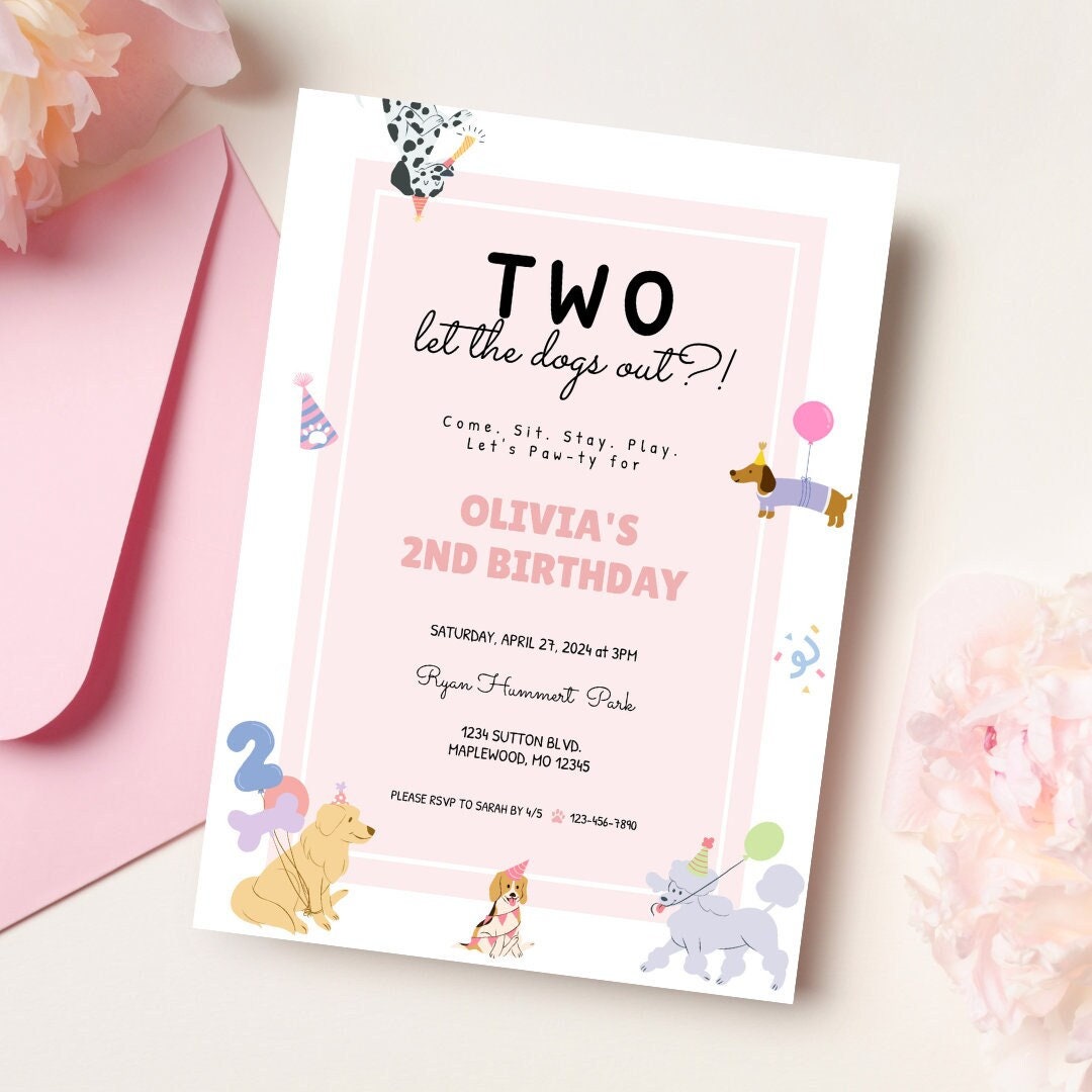 Two Let the Dogs Out Invitation, Second Birthday, Let's Paw-ty, Dog ...