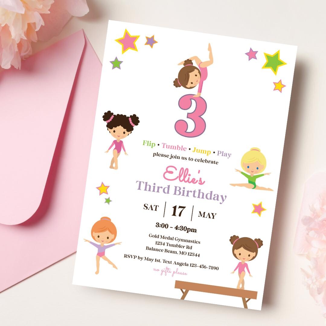Gymnastics Birthday Invite, Flip, Tumble, Jump, Play, Gymnasts Birthday ...