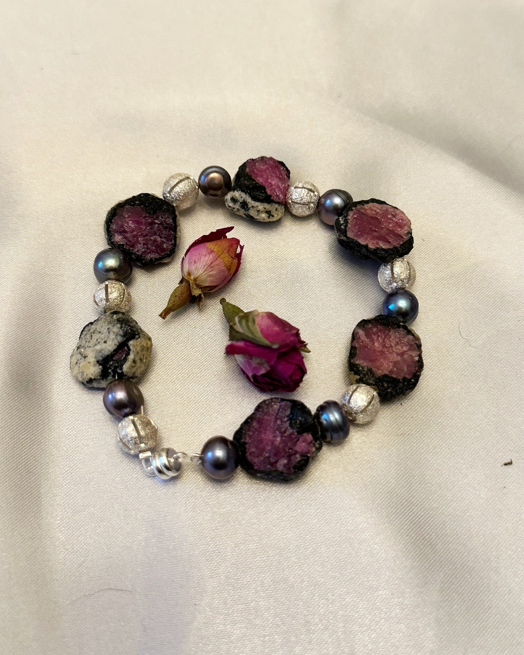 Genuine Mystic Ruby Gemstone, Peacock Pearl and Sterling Silver Beaded ...