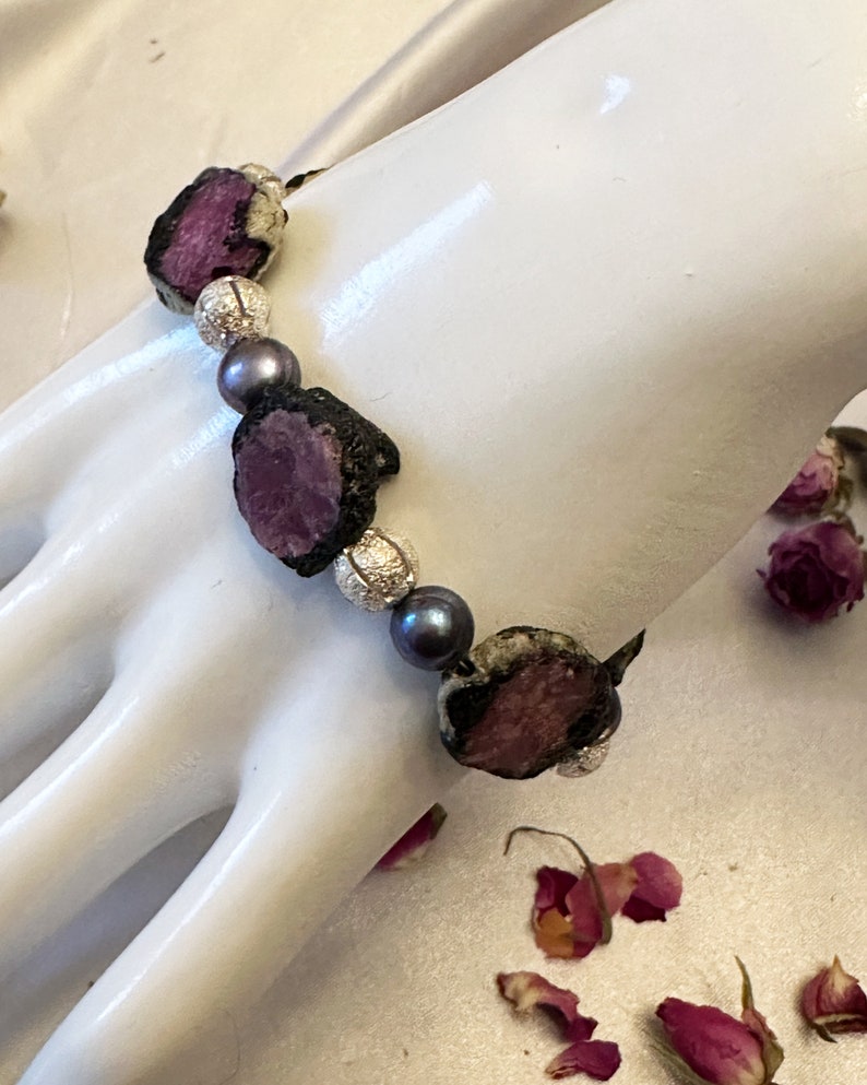 Genuine Mystic Ruby Gemstone, Peacock Pearl and Sterling Silver Beaded ...