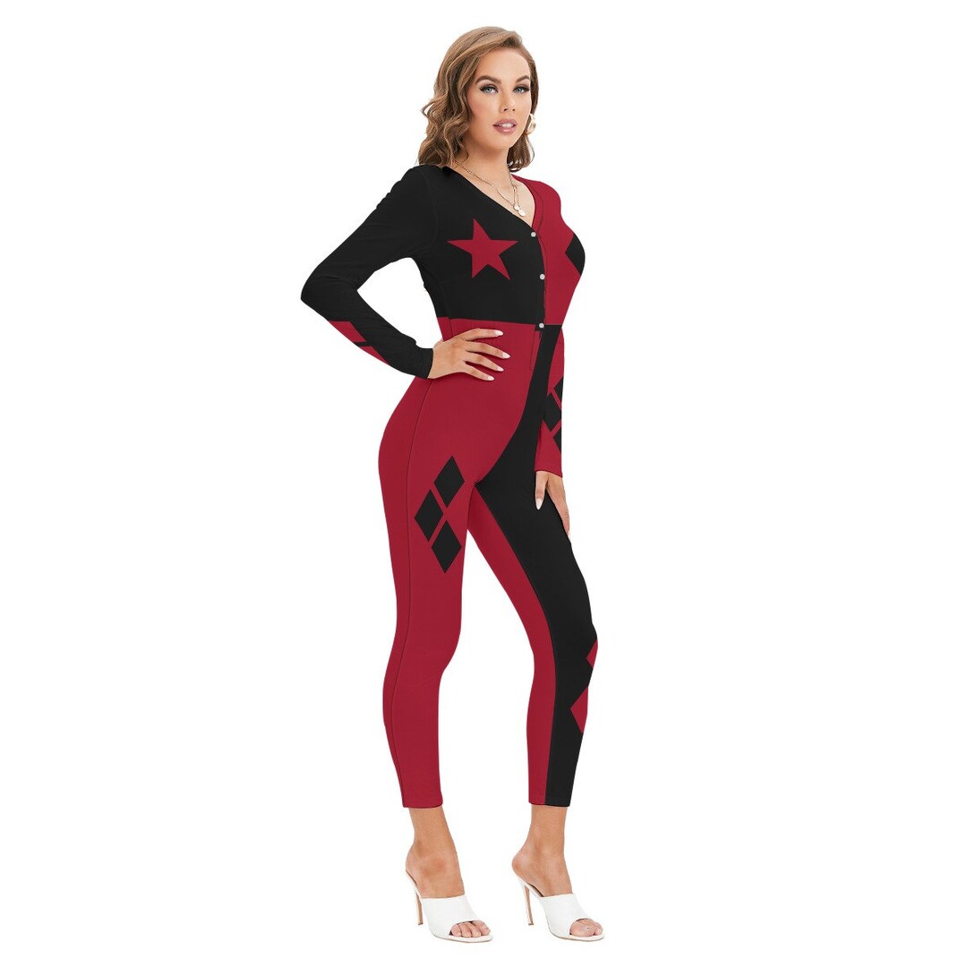 Harlequin Romper Costume: Red & Black Jester Cosplay Outfit - Etsy