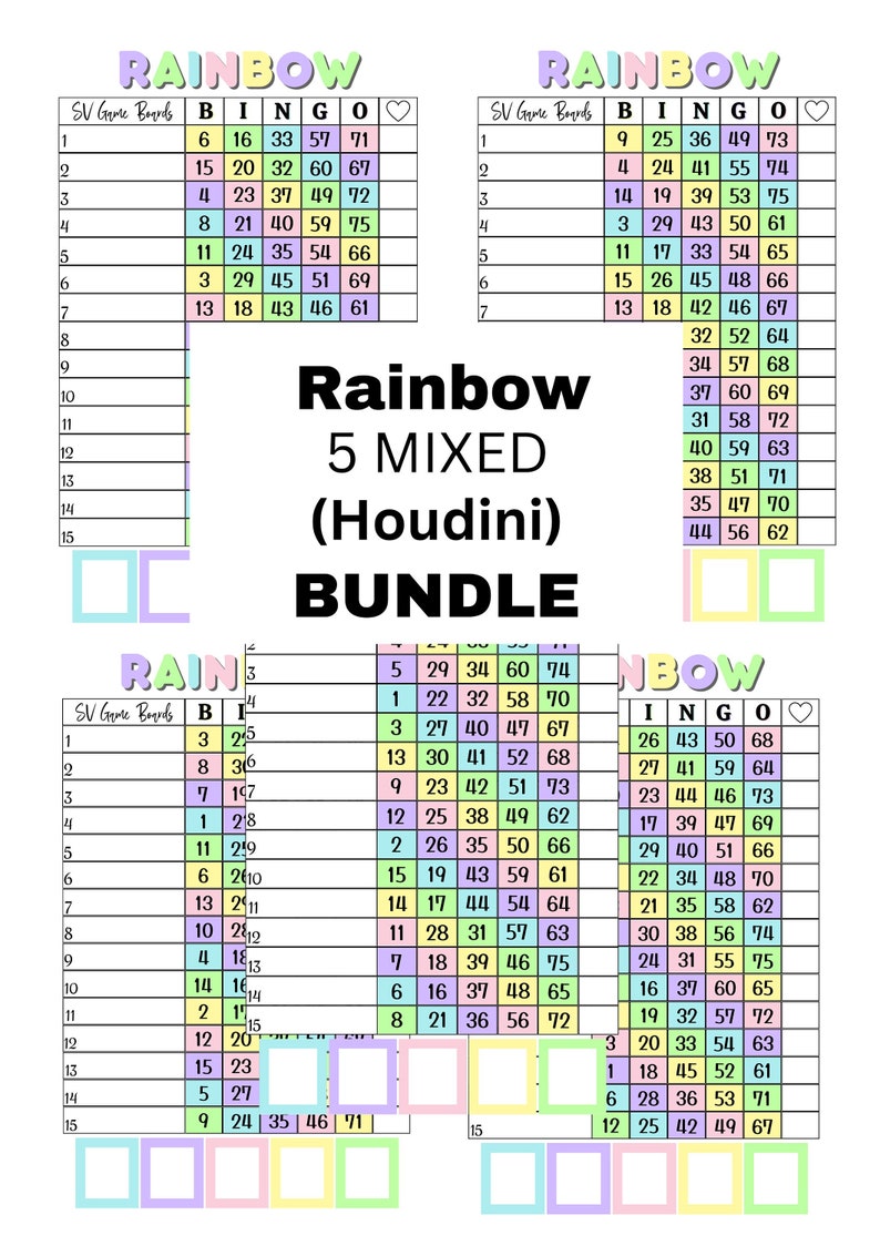 Rainbow Bingo Bundle (5 Mixed Boards, Houdini Balanced) - Etsy
