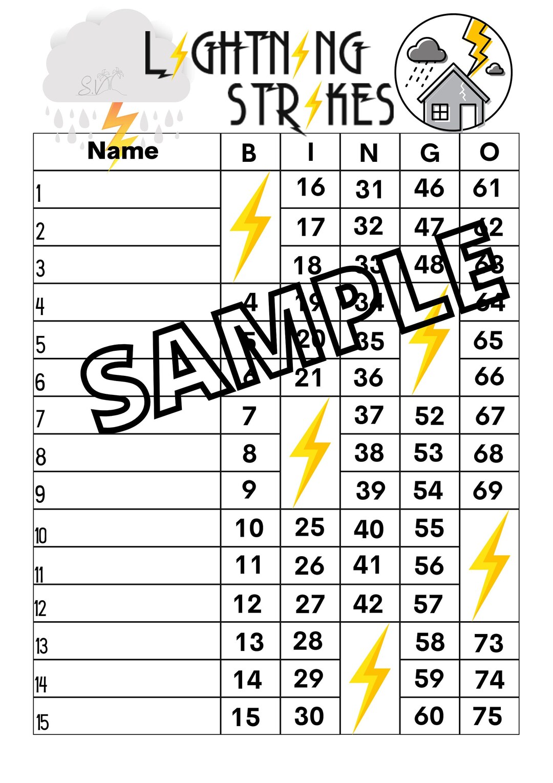 Lightning Strikes Bingo 15 Lines mixed Straight Blank - Etsy Canada