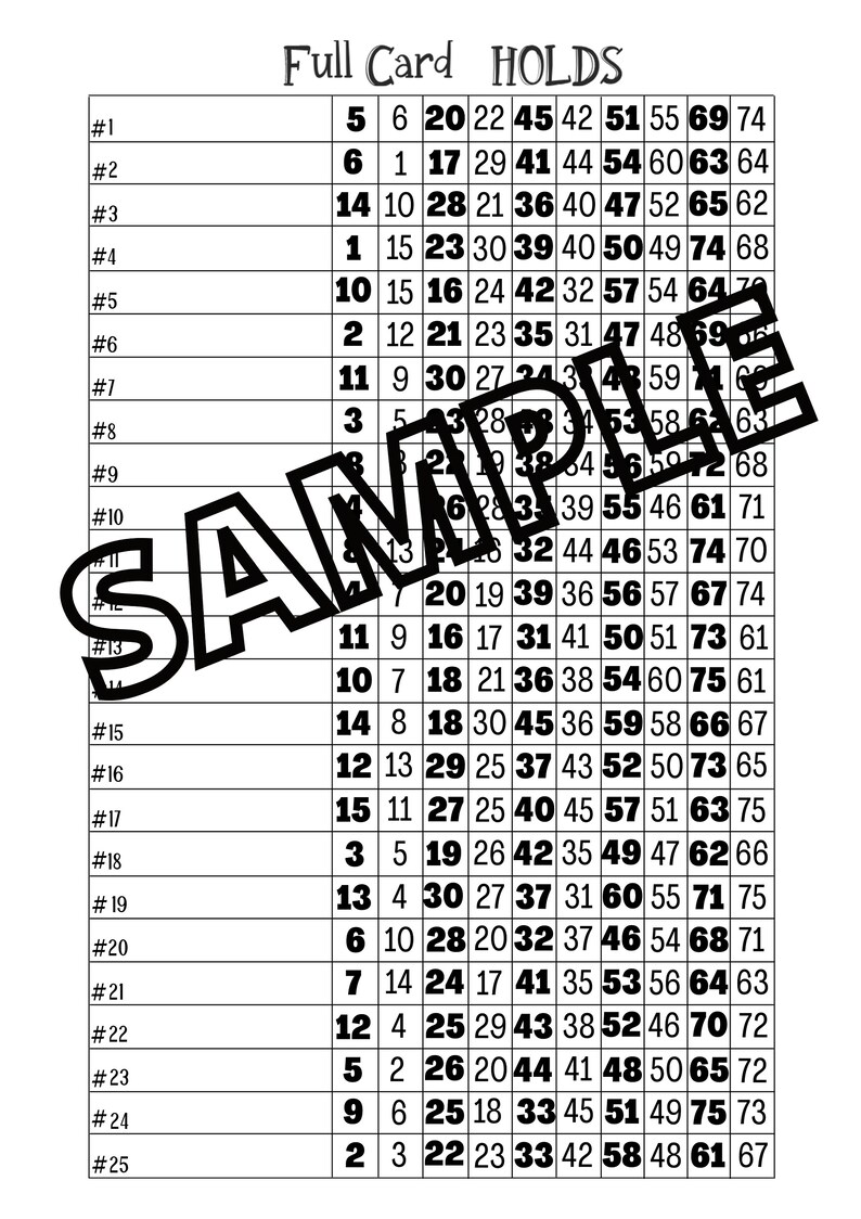 Full Card Holds..10 Number (25 Card, Master, Call Sheet) - Etsy