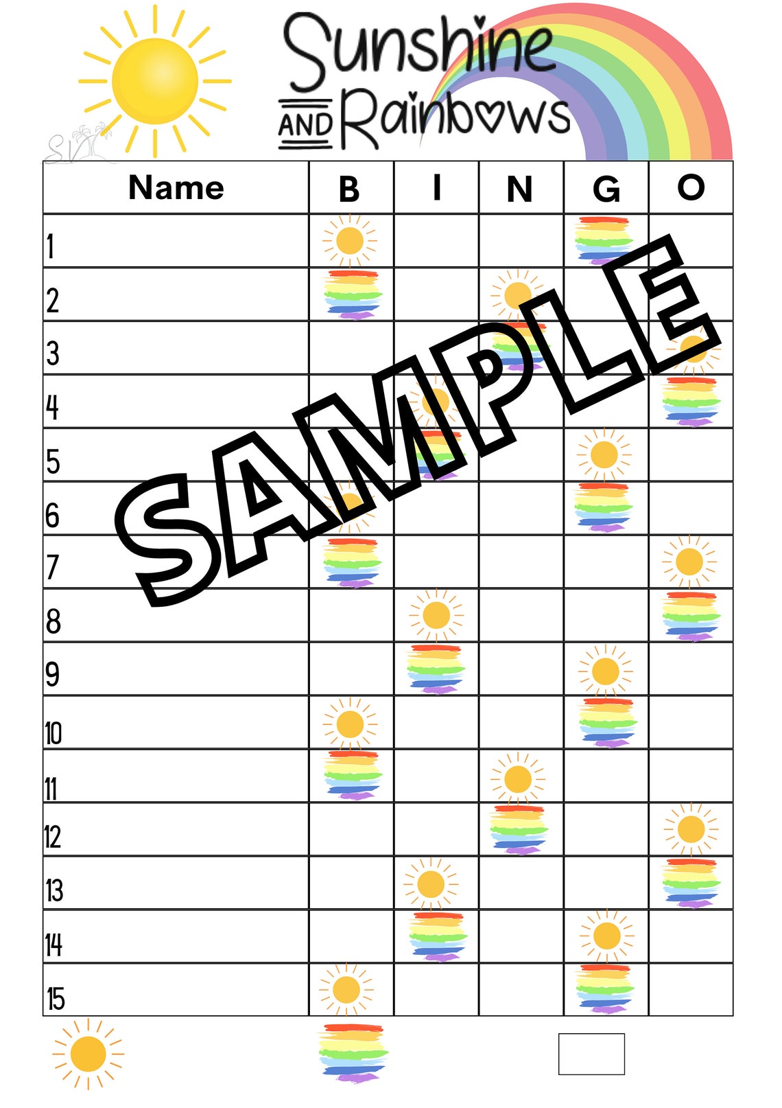 Sunshine and Rainbows Bingo (mixed, Straight, Blank) 1-15 Line (75 Ball ...
