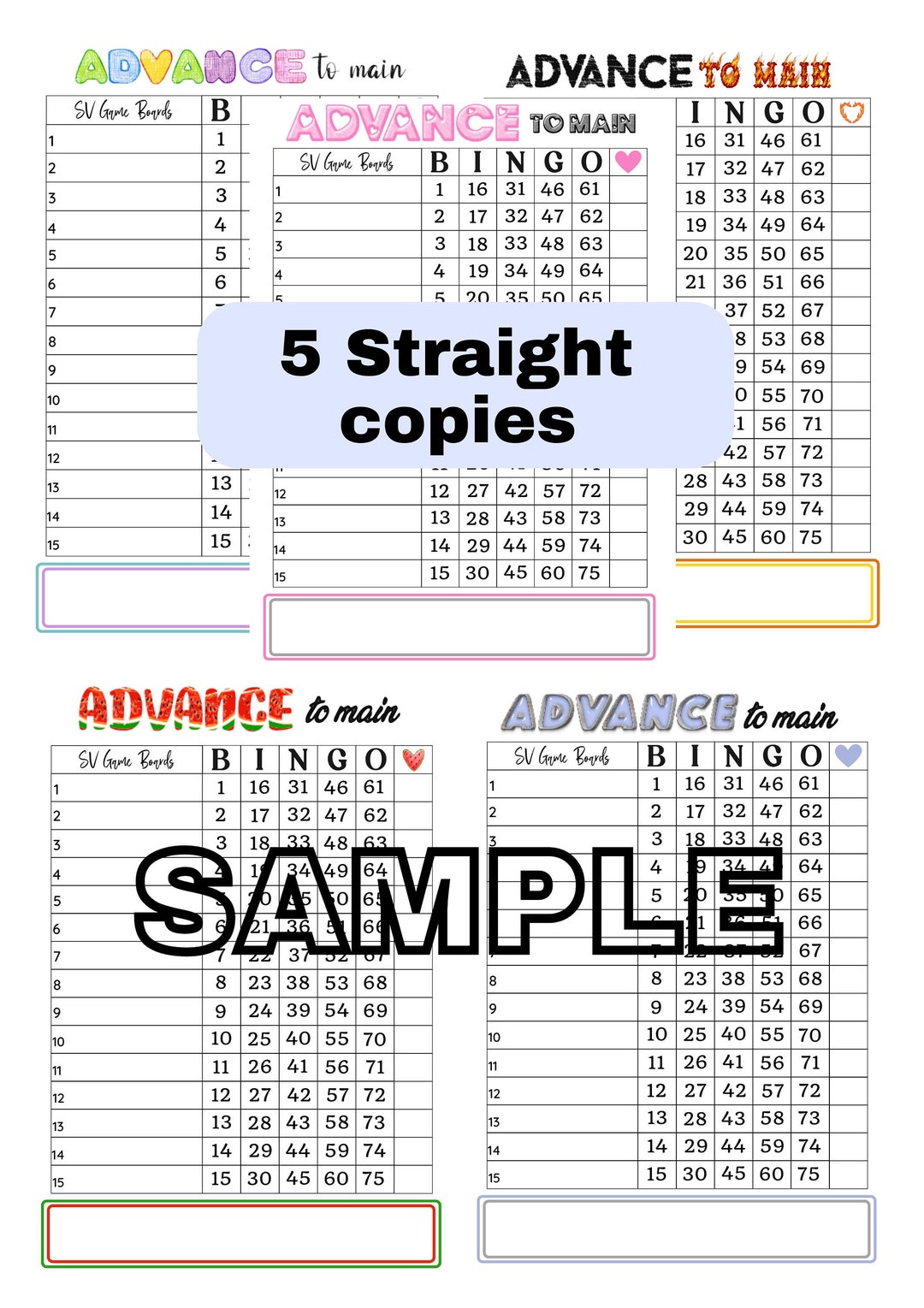 Advance to Main Bingo Sheets (5 Straight) - Etsy