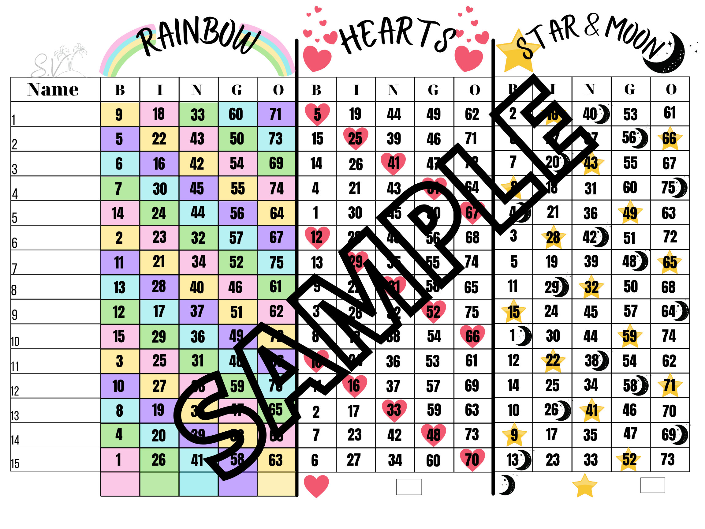 Triple Bingo (rainbow, Hearts, Star & Moon) (mixed,blank) - Etsy